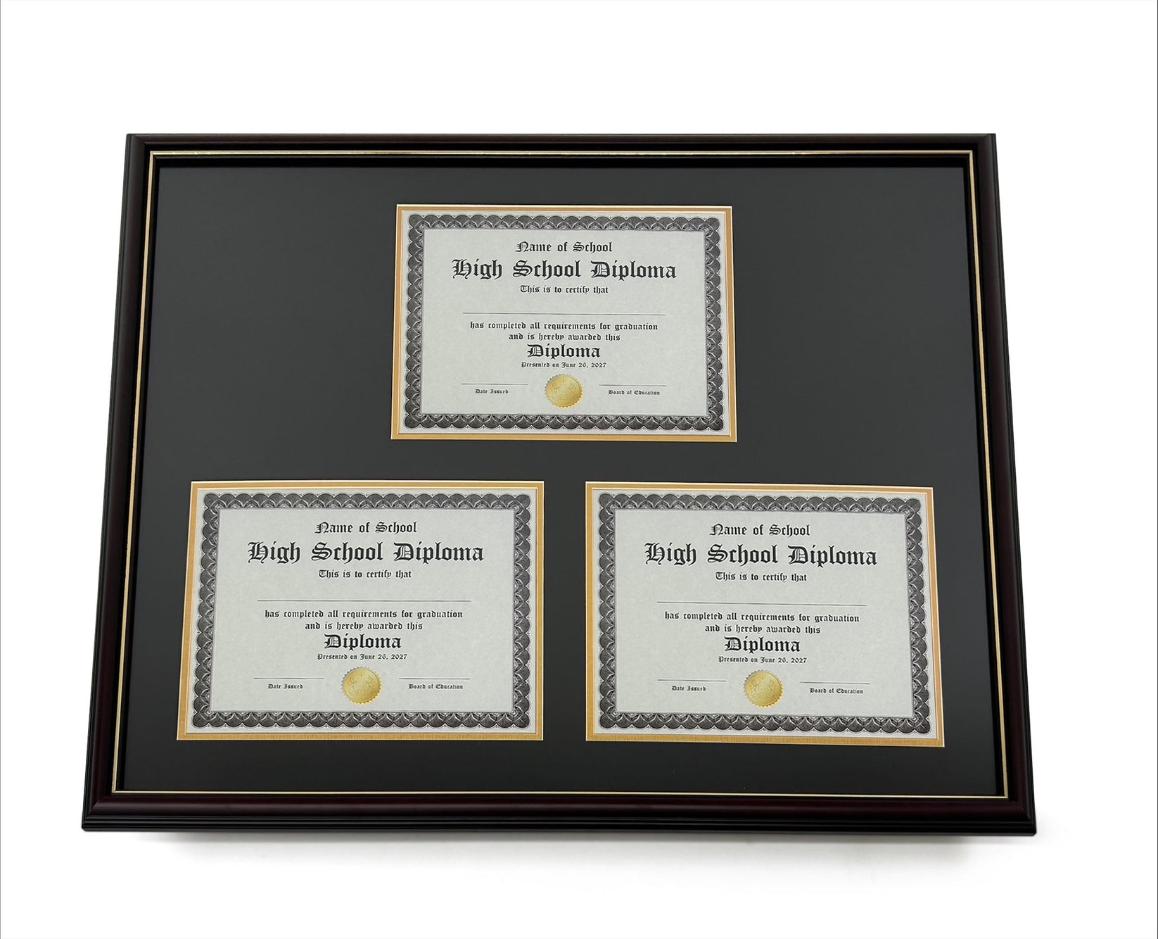 Real Wood Triple Diploma Frame w/ Trim, Fits 8.5" x 11" Certificates ...